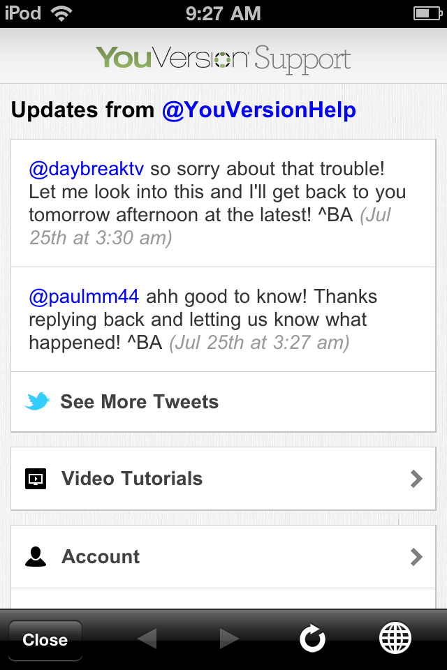 View Tech Support Knowledgebase from Inside the Bible App™ - YouVersion